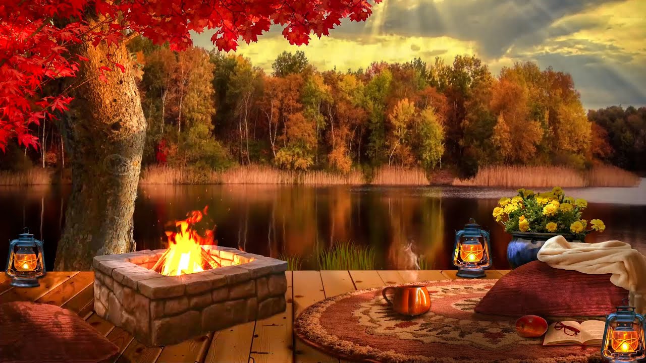 Cozy Autumn Porch Ambience 🍁 Fireplace by the Lake | Fall Sounds ...