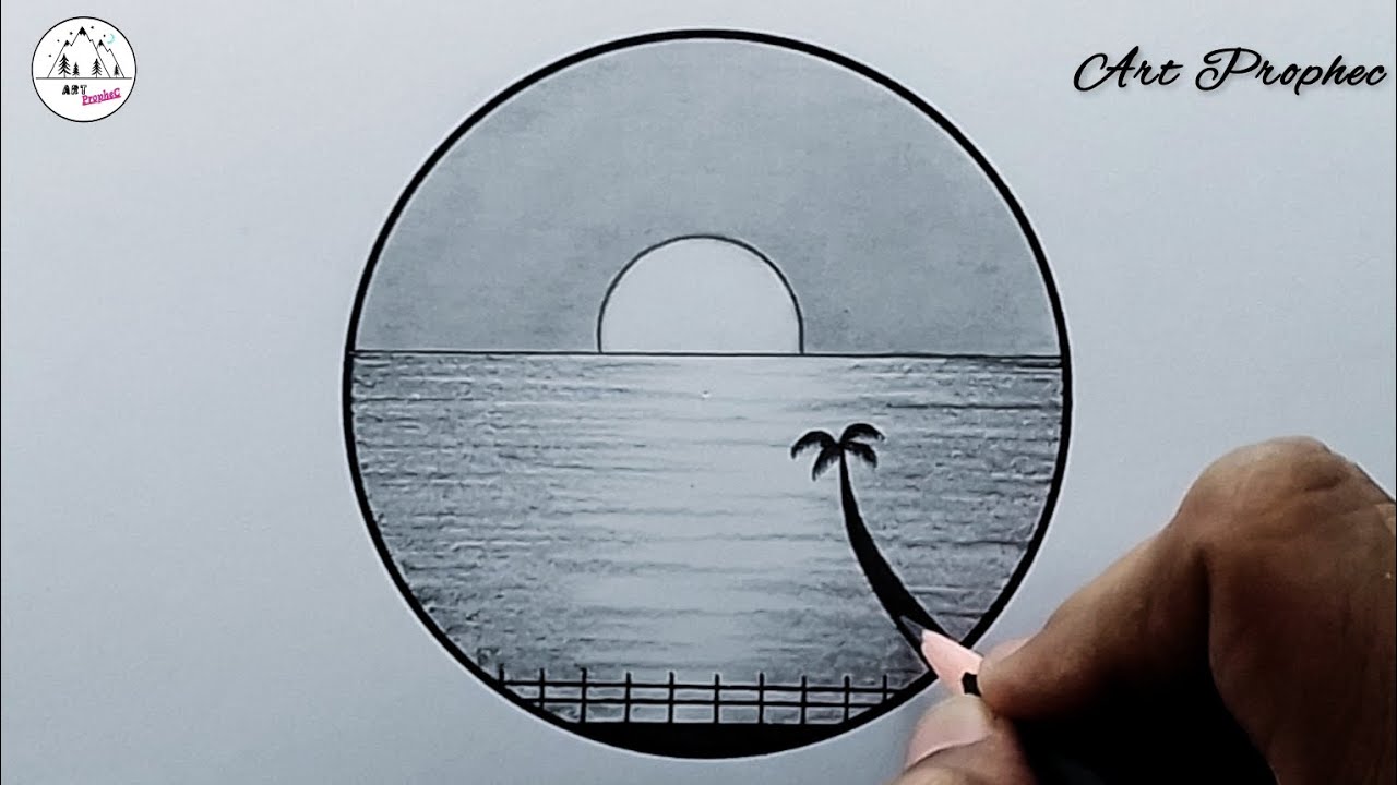 Nature Beautiful Sunset Circle Drawing - Pencil Scenery Creativity ...