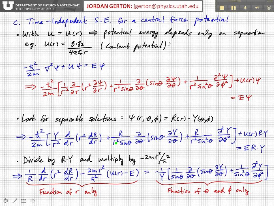 PHYS3740 Lecture32-6 The Schrodinger Equation in Spherical Coordinates ...
