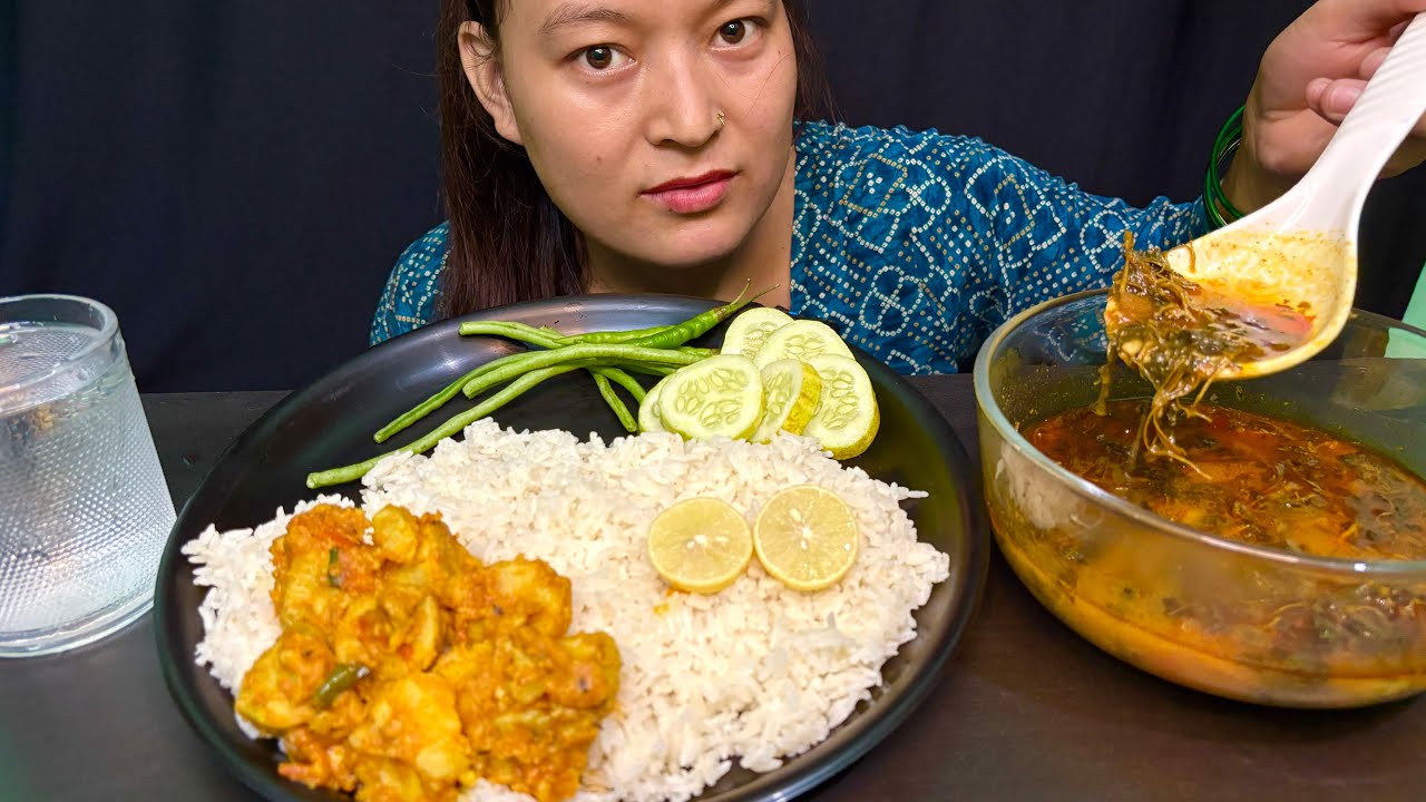 VEGAN MUKBANG | EATING RICE , ARBI KI SABJI , DRY SAAG ALOO KI SABJI , LEMON , SALAD | FOOD ...