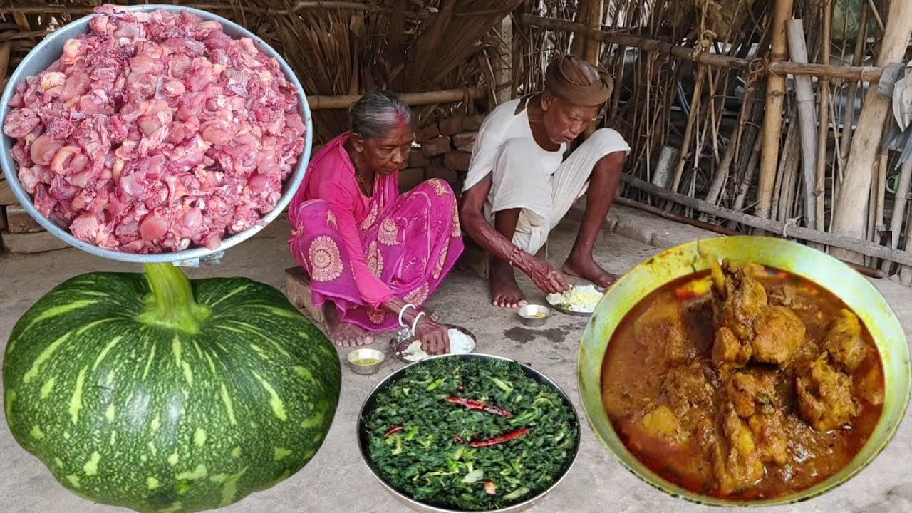 PUMPKIN CURRY with CHICKEN MEAT And MULA SHAAK BHAJI cooking for lunch ...