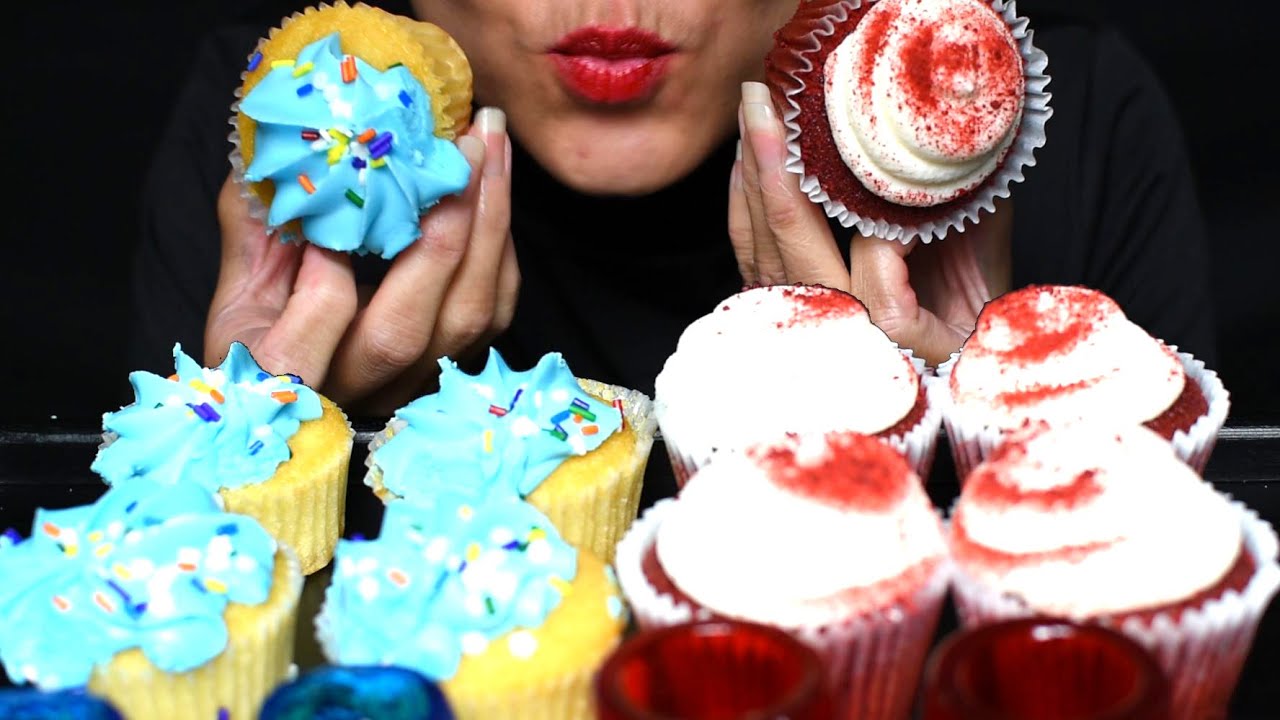 ASMR RED VS BLUE FOOD *CUPCAKES, FROZEN JELLO SHOTGLASS EATING SHOW ...