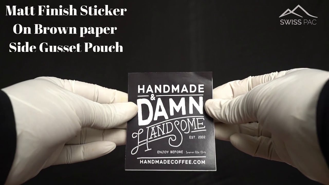 Matt Finish Sticker On Brown paper Side Gusset Pouch | Custom Stickers ...