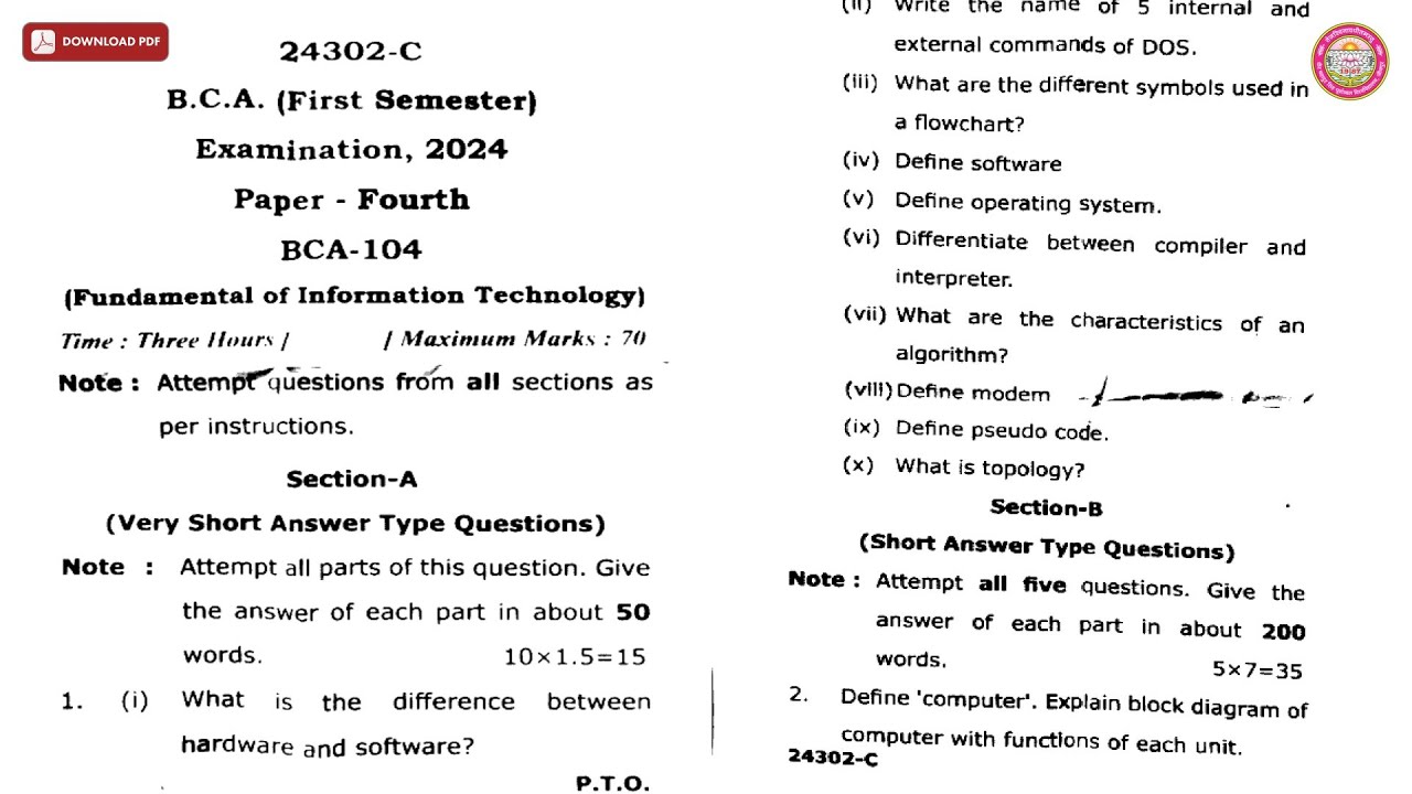 BCA 1ST SEM FUNDAMENTAL OF INFORMATION TECHNOLOGY C 2024 | VBSPU - YouTube