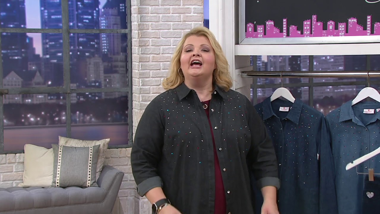 Quacker Factory Denim Shirt with Multi-Color Rhinestone on QVC - YouTube