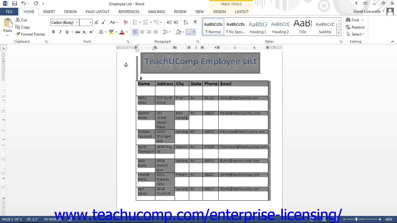 Microsoft Office Word 2013 Tutorial Tables 16.3 Employee Group Training ...