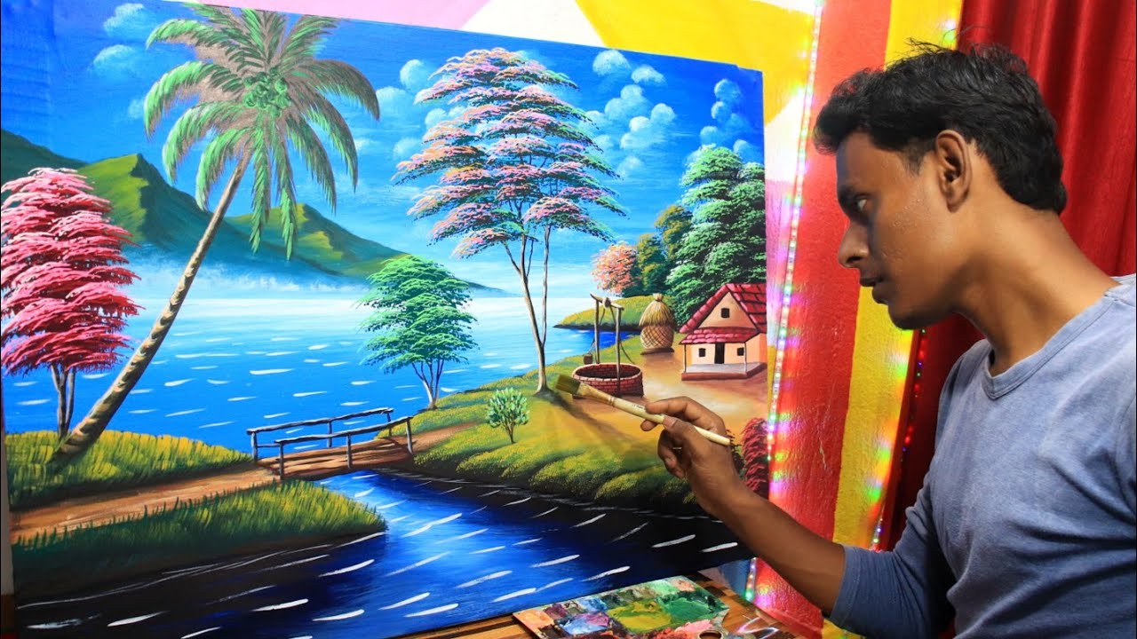 Indian village scenery drawing painting | landscape nature drawing ...