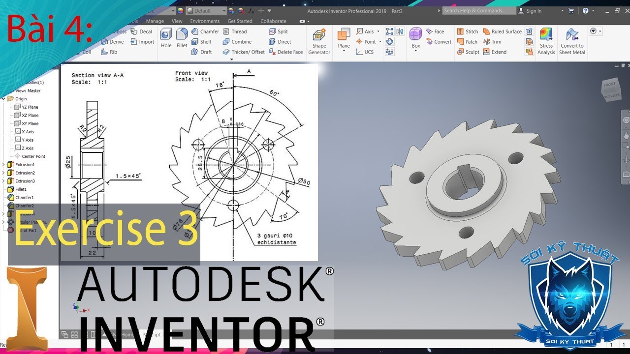 Inventor Professional 2019 | Các bài tập 3D cơ bản bài 4 : Exercise 3 ...