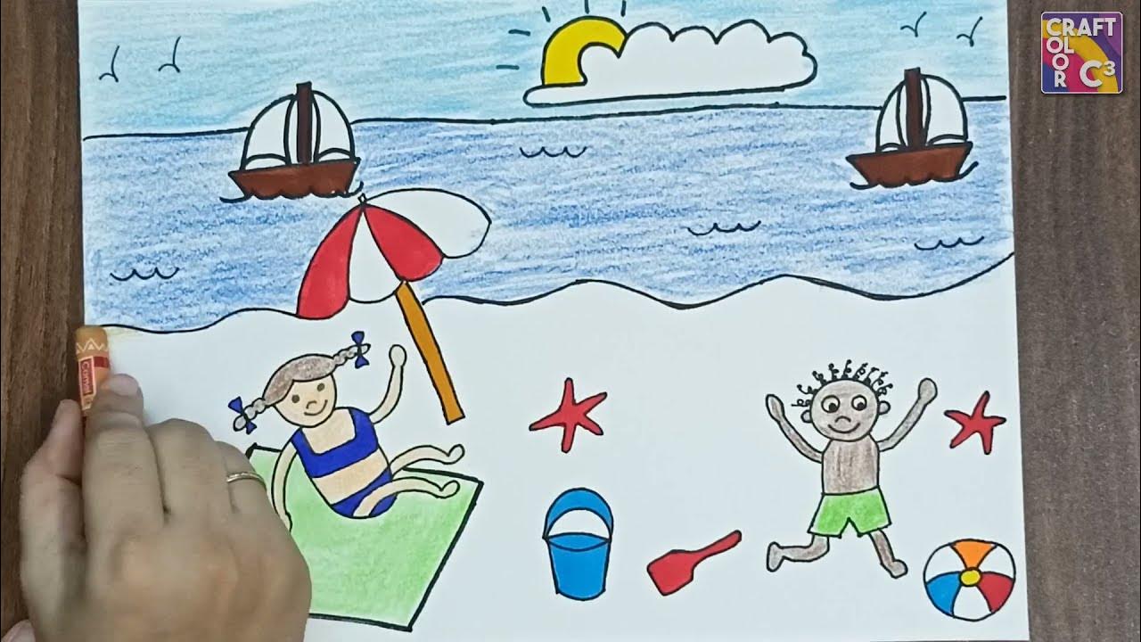 How to draw a beach scene for kids | Beach drawing easy | Beach drawing ...