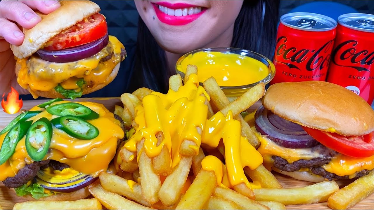 ASMR CHILI CHEESEBURGER, DOUBLE CHEESEBURGER, CHEESY FRIES MASSIVE ...