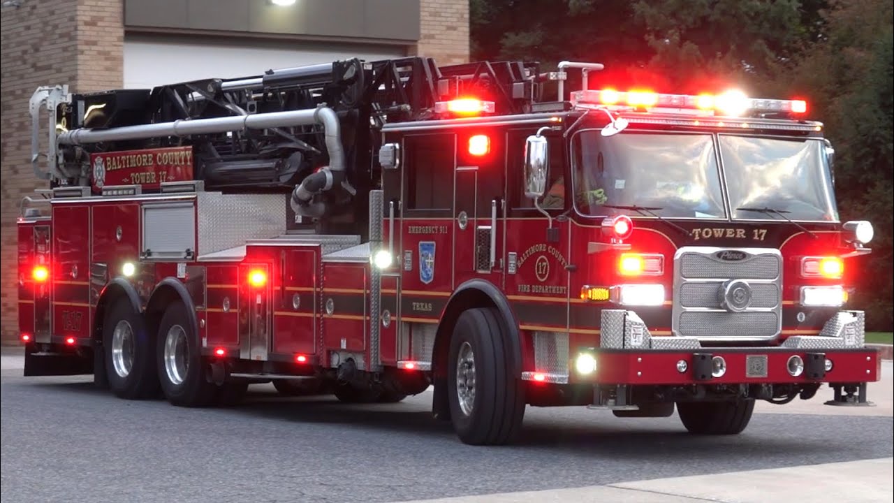 Baltimore County Fire Department Tower 17 Responding 10/9/23 - YouTube