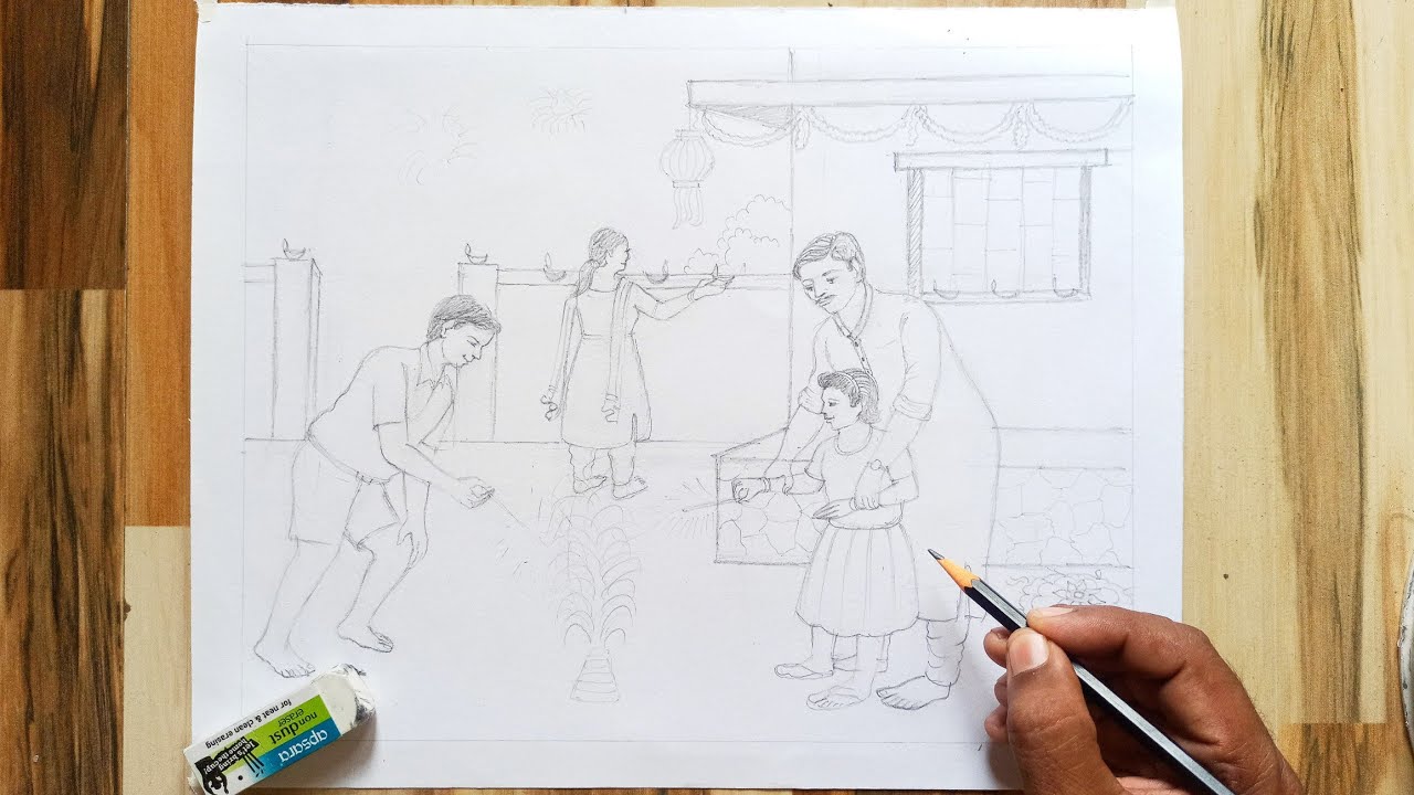 दिवाळी सणाचे चित्र चित्रकला परीक्षांसाठी |भाग:155 | how to draw ...