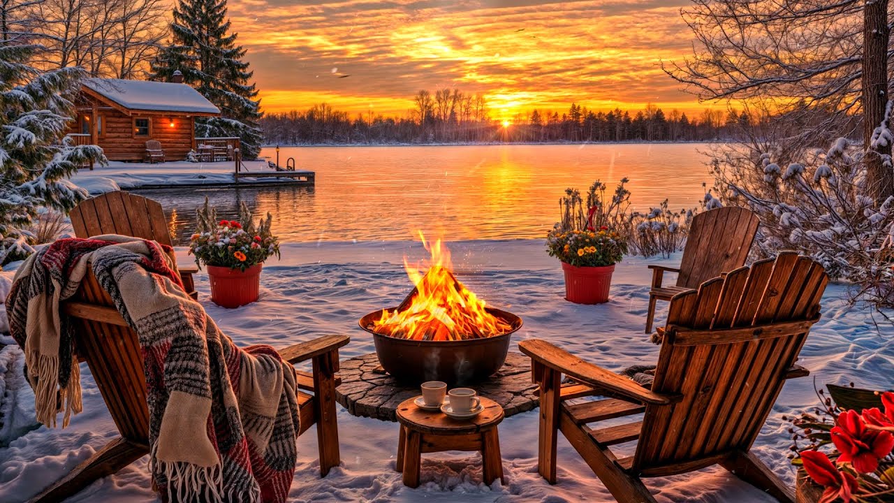 Peaceful Winter Sunset Lakeside Cabin: Embrace the Snowfall, Cozy Fire ...