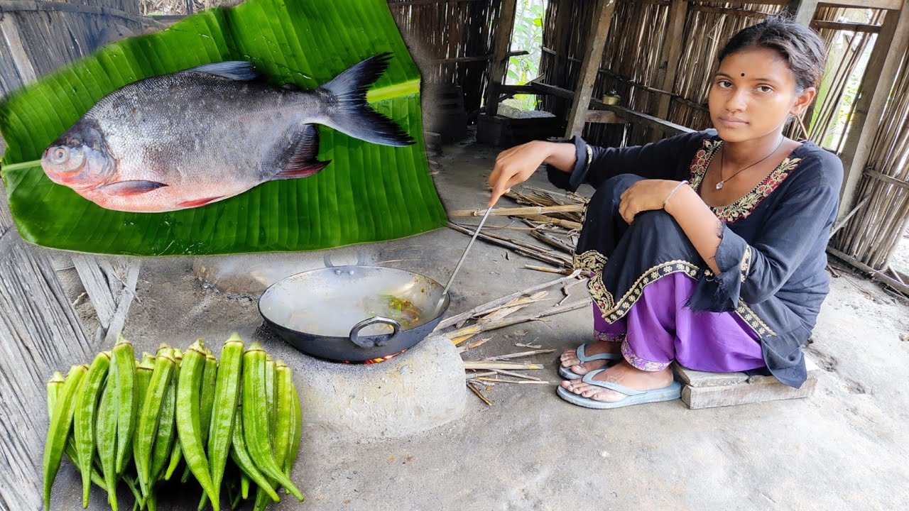 Santali tribe poor girl cooking & eating big Rupchand fish with farm ...