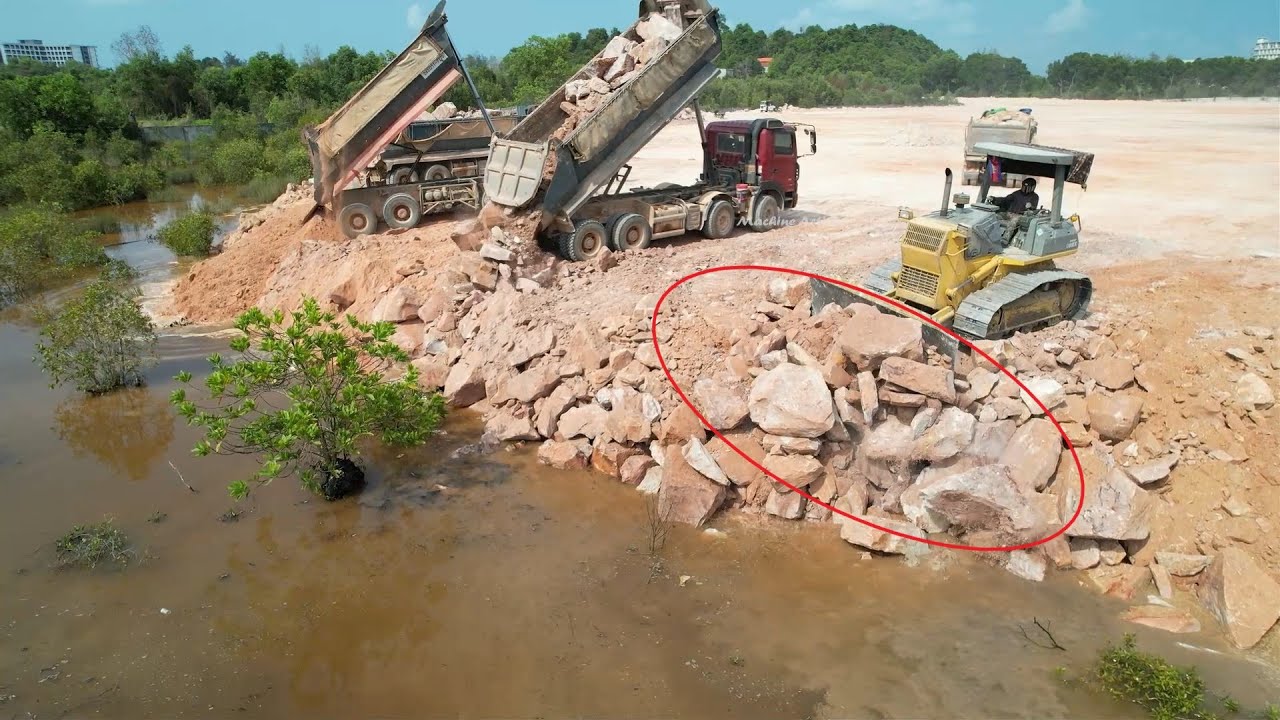 Awesome Big Land Filling Construction Operator Big Dozer Push Rock ...