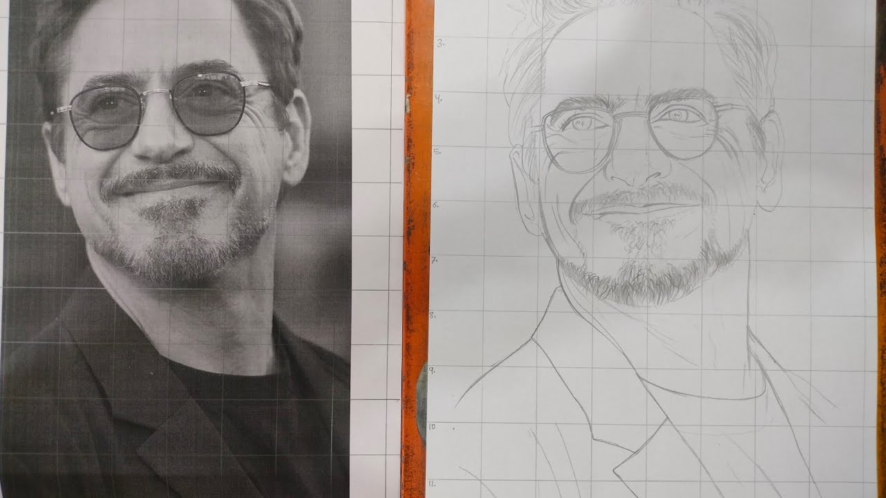 Robert Downey Jr Outline Drawing| used Grid method - YouTube