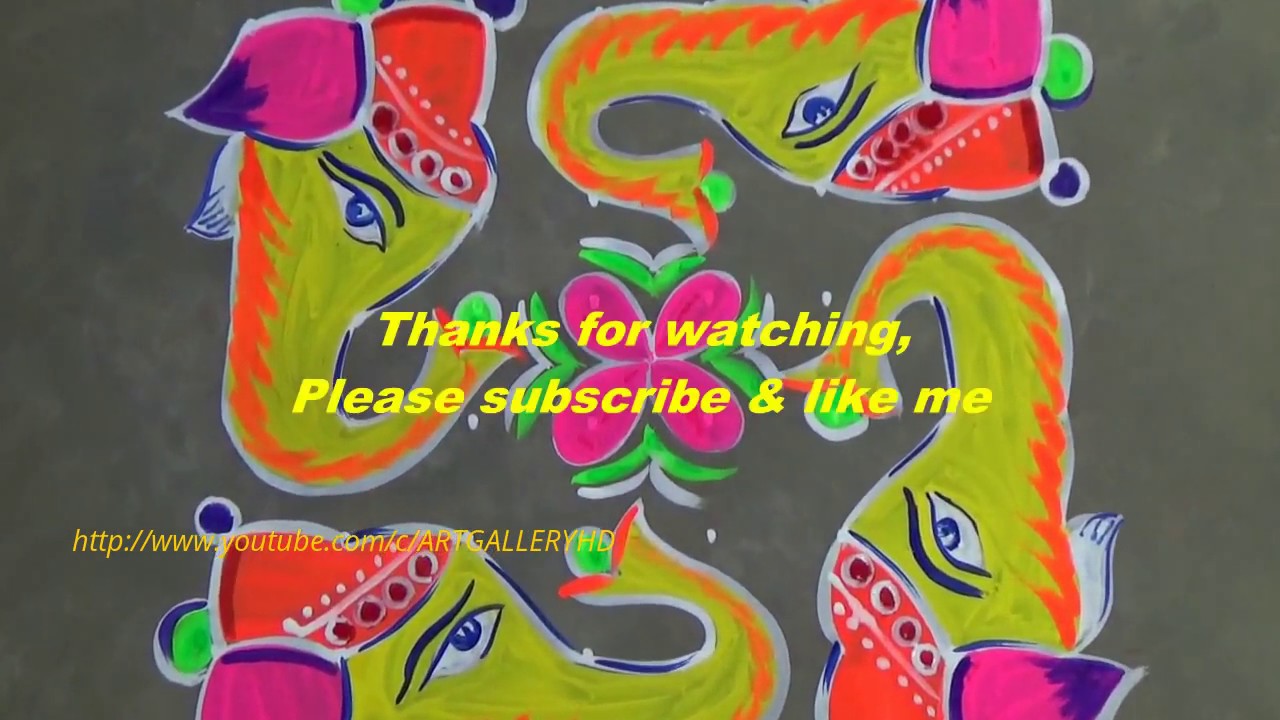 Easy Elephant rangoli design with 8 X 8 straight dots - YouTube