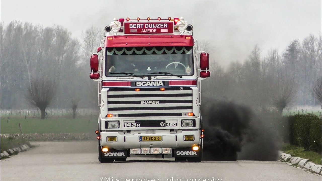 BIG TURBO SCANIA 143 450 V8 Open Pipe sounds // BERT DUIJZER [ONBOARD ...