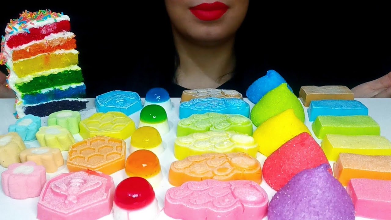 MOST POPULAR FOOD FOR ASMR *RAINBOW PARTY* CAKE, JELLY, MARSHMALLOWS ...