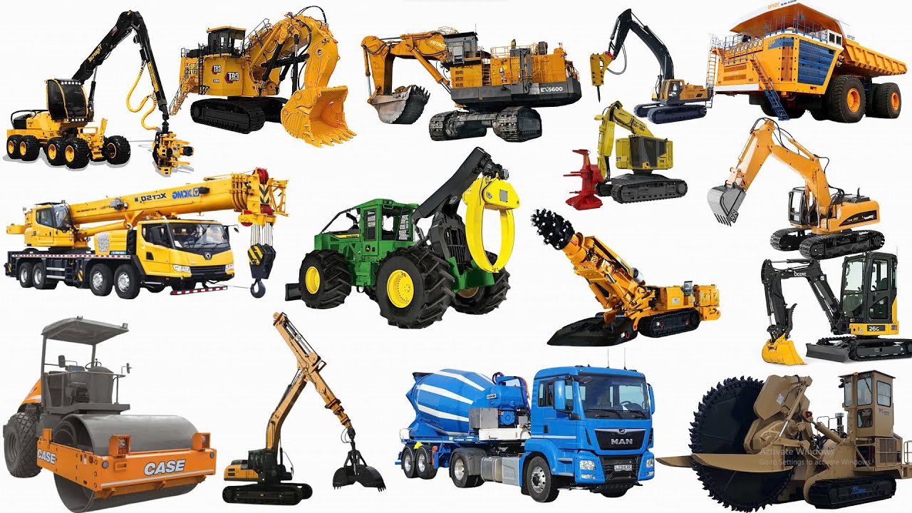 Excavator & top equipment in life. Truck, forklift, trencher, crane ...