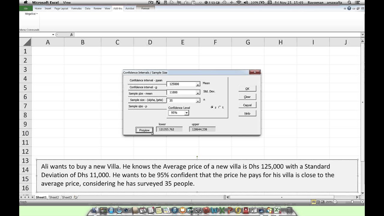 Megastat - Confidence Interval Mean - YouTube