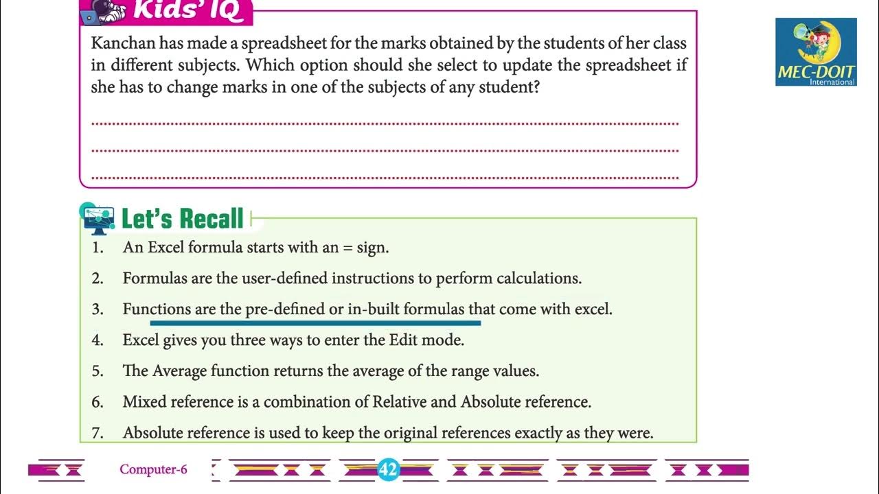 Mec-Doit Computer Class 6 Chapter - 4 Formulas and Functions in Excel - YouTube
