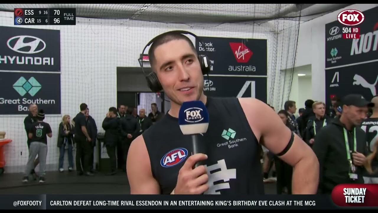 Jacob Weitering - Fox Footy interview after Blues beat Essendon - AFL Round 13 2024 - YouTube