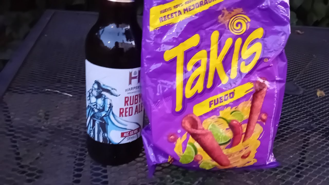 ALDI HARPERS RUBY RED ALE 5% 500ML BOTTLE & TAKIS FUEGO HOT TORTILLAS BEER SNACK SUMMER 25 ...