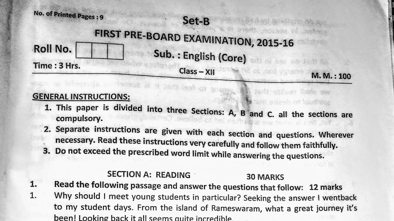 Class 12 English previous board paper | English 2010 previous board ...