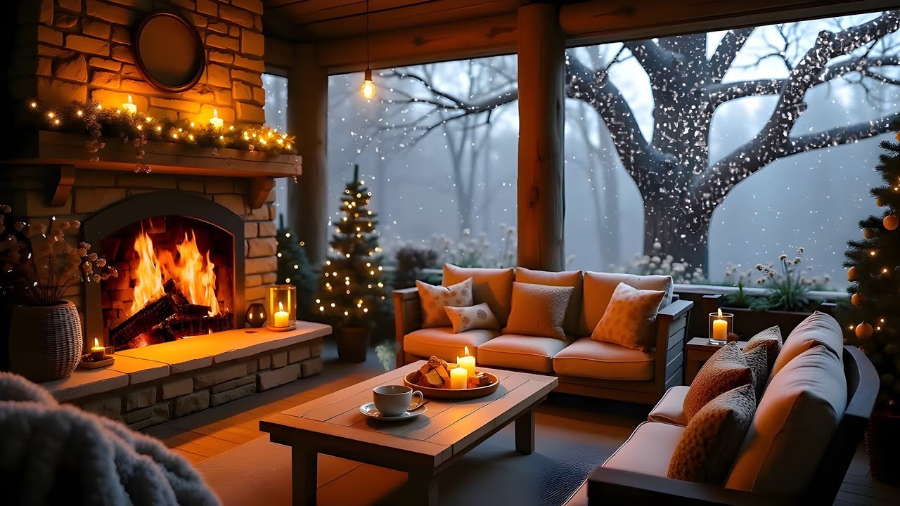 Christmas Instrumental Music & Jazz 🎄Cozy Snow Terrace with Fireplace ...