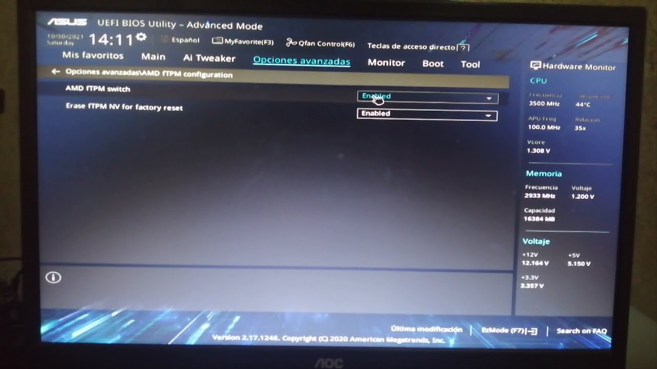 Como activar TPM 2.0 en una BIOS Asus para instalar Windows 11 2022 ...