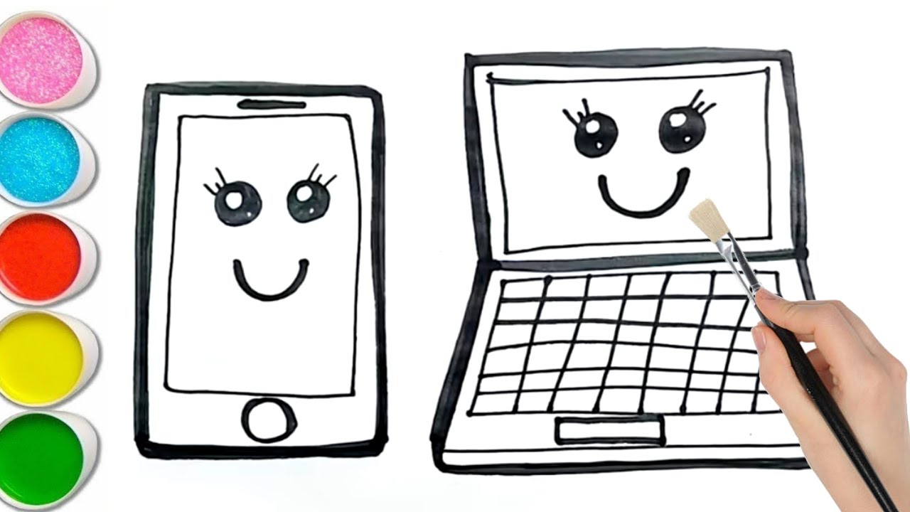 How to Draw Handphone/Smartphone and Laptop with Cute Eyes - YouTube