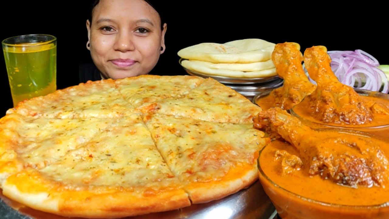 Eating Cheese Margherita Pizza with Butter Chicken & Baby Kulcha ...