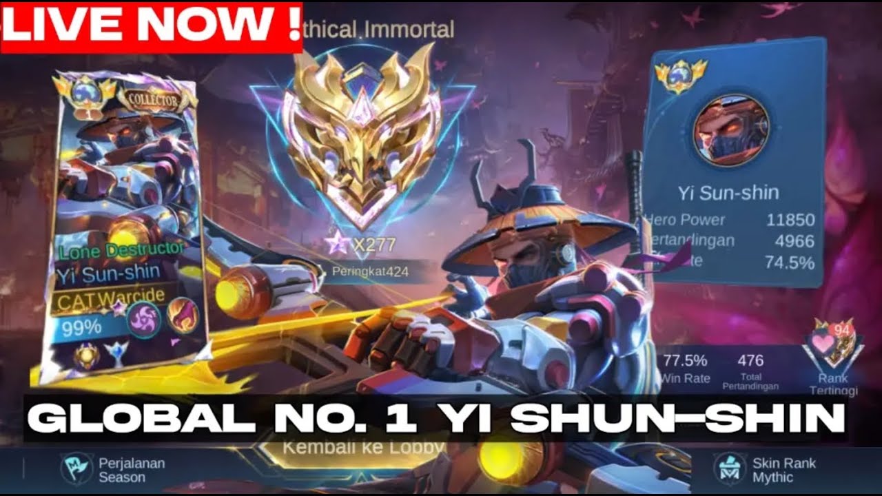 LIVE GLOBAL 1 YI SUN SHIN PUSH 12k mmr - Mobile Legends - YouTube