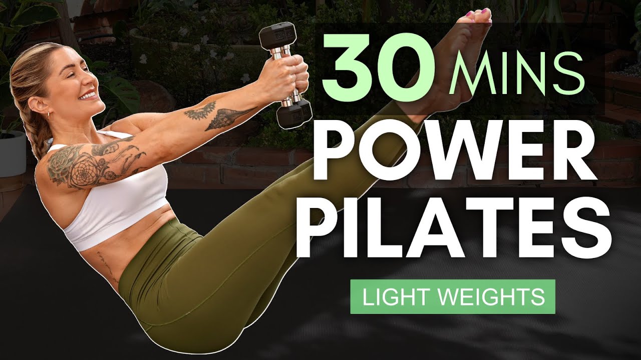 30 Minute POWER PILATES workout with light weights - YouTube