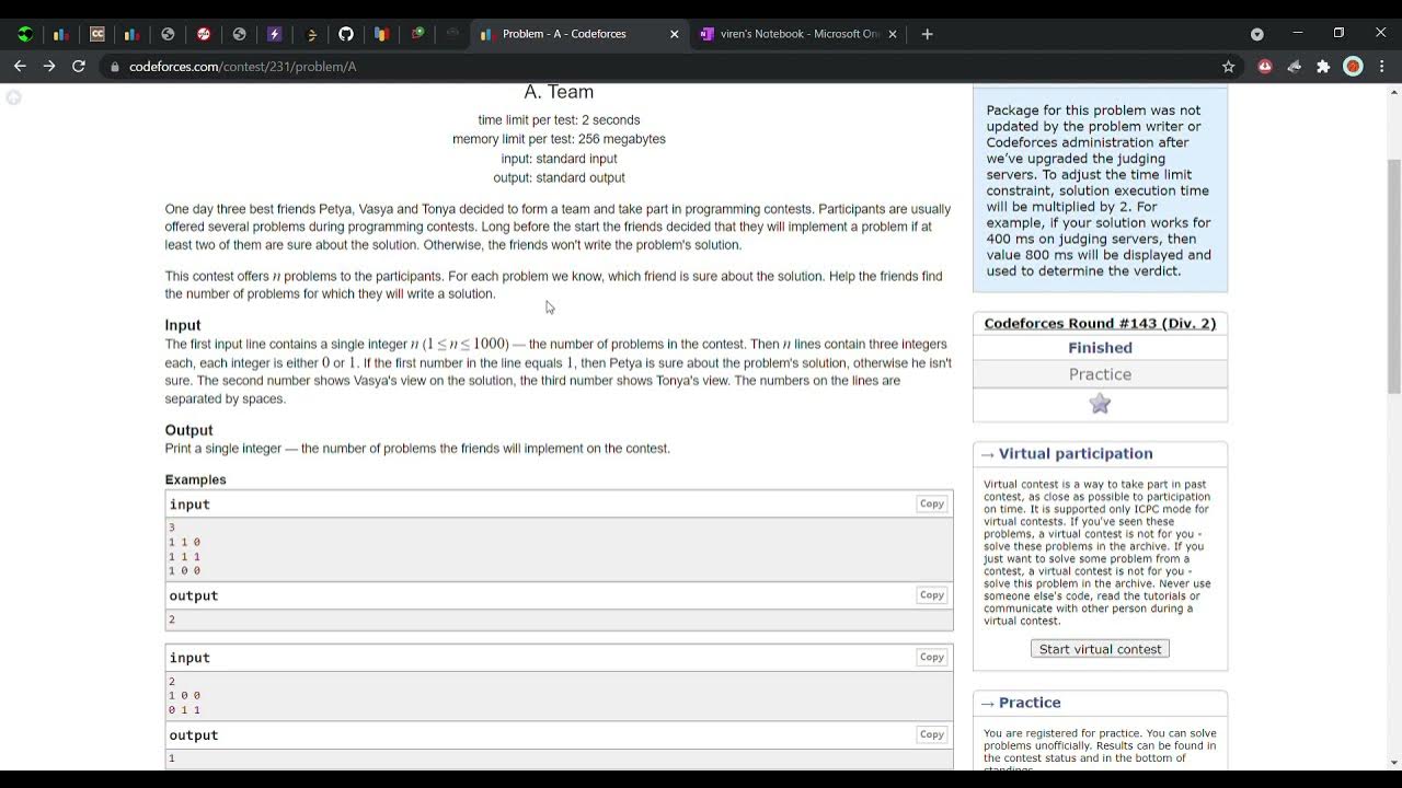 Codeforces Round #143 (Div. 2) A. Team solution - YouTube