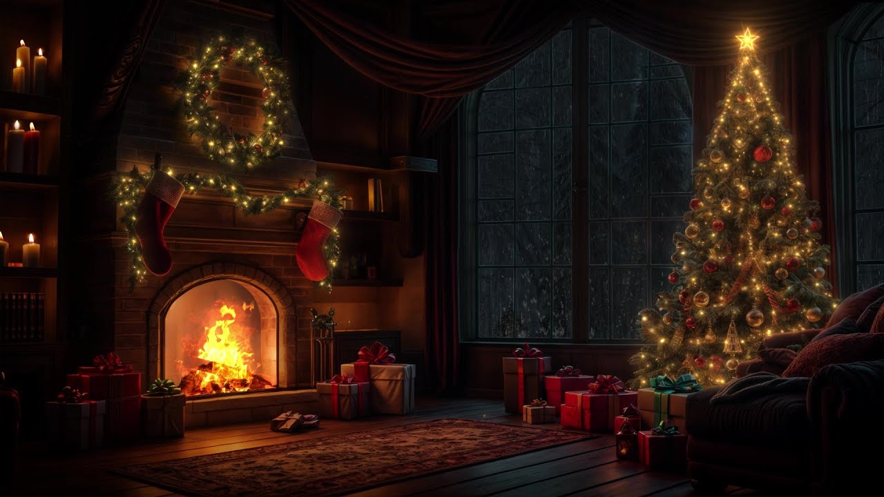 Christmas Rain & Fireplace Sounds | A Tranquil Holiday Night Ambience ...