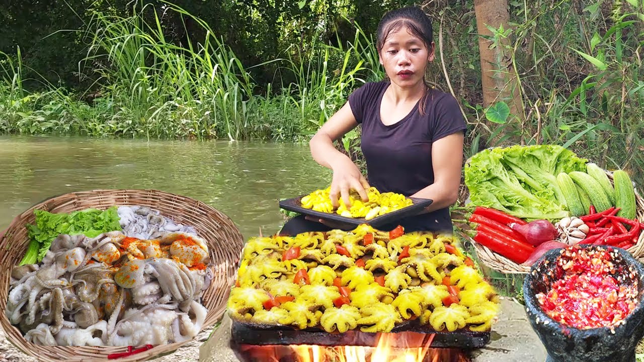 Tasty Coking Octopus recipe with salad on the rock and yummy delicious ...