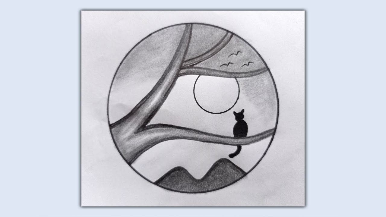 How to Drawing circle Tree and Cat | very Easy Step by Step - YouTube