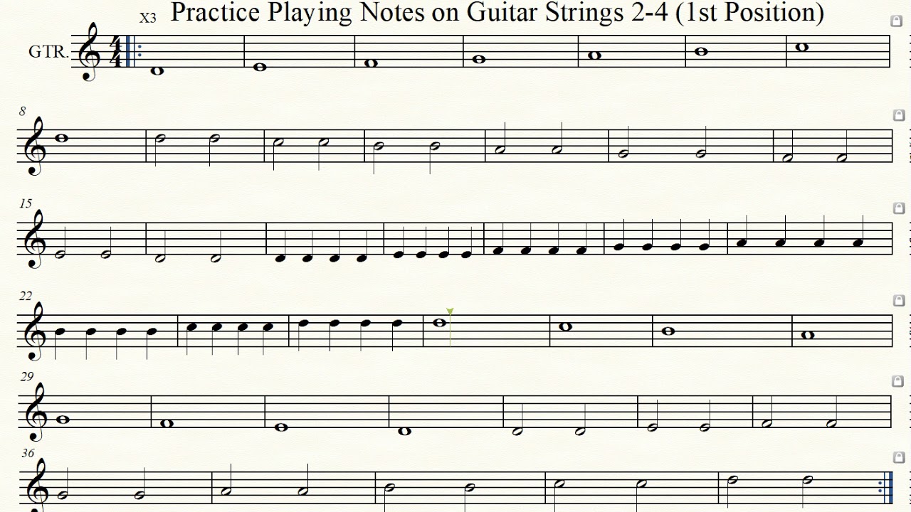 Practice Playing Notes on Guitar Strings 2-4 (1st Position) - YouTube