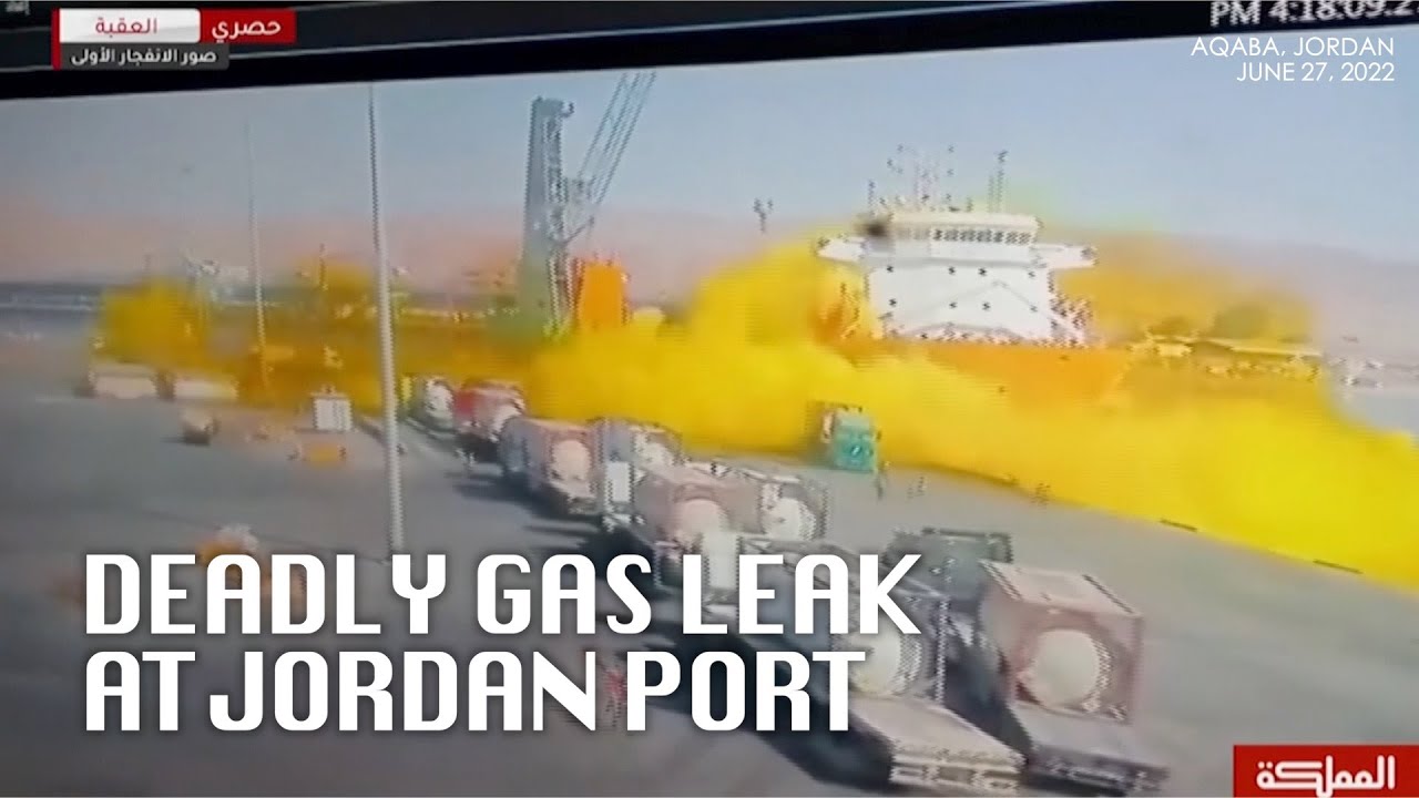 MOMENT toxic gas rises from deck of tanker at Jordan's Aqaba port which ...