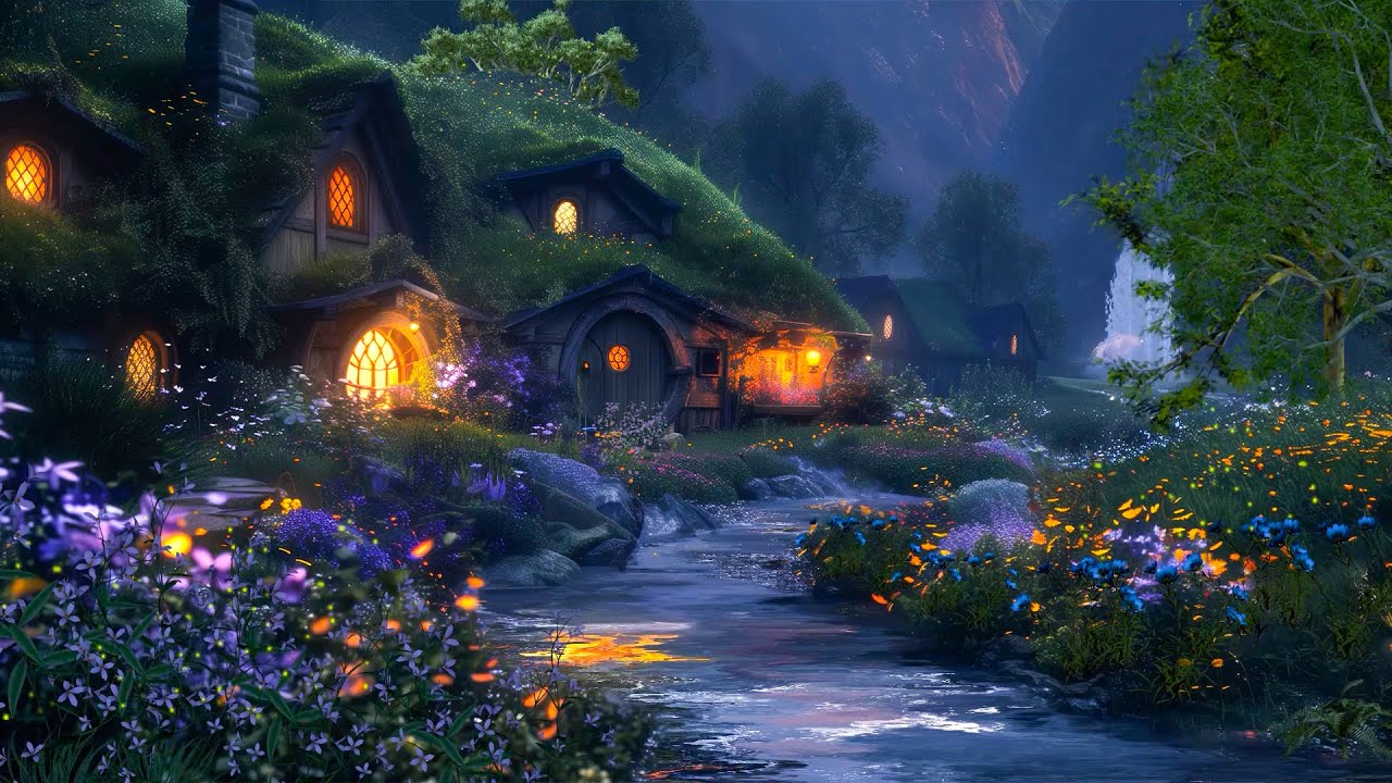 Hobbit Village Ambience 🌙🌲 Night Time At The Shire - Nature Sounds ...