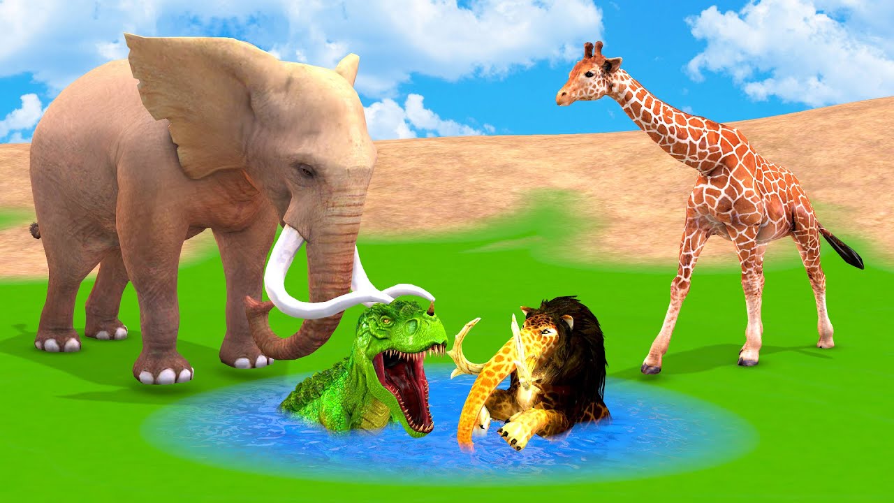 Elephant vs Giraffe vs Dinosaur Water Fight | Monster Lion Mammoth ...