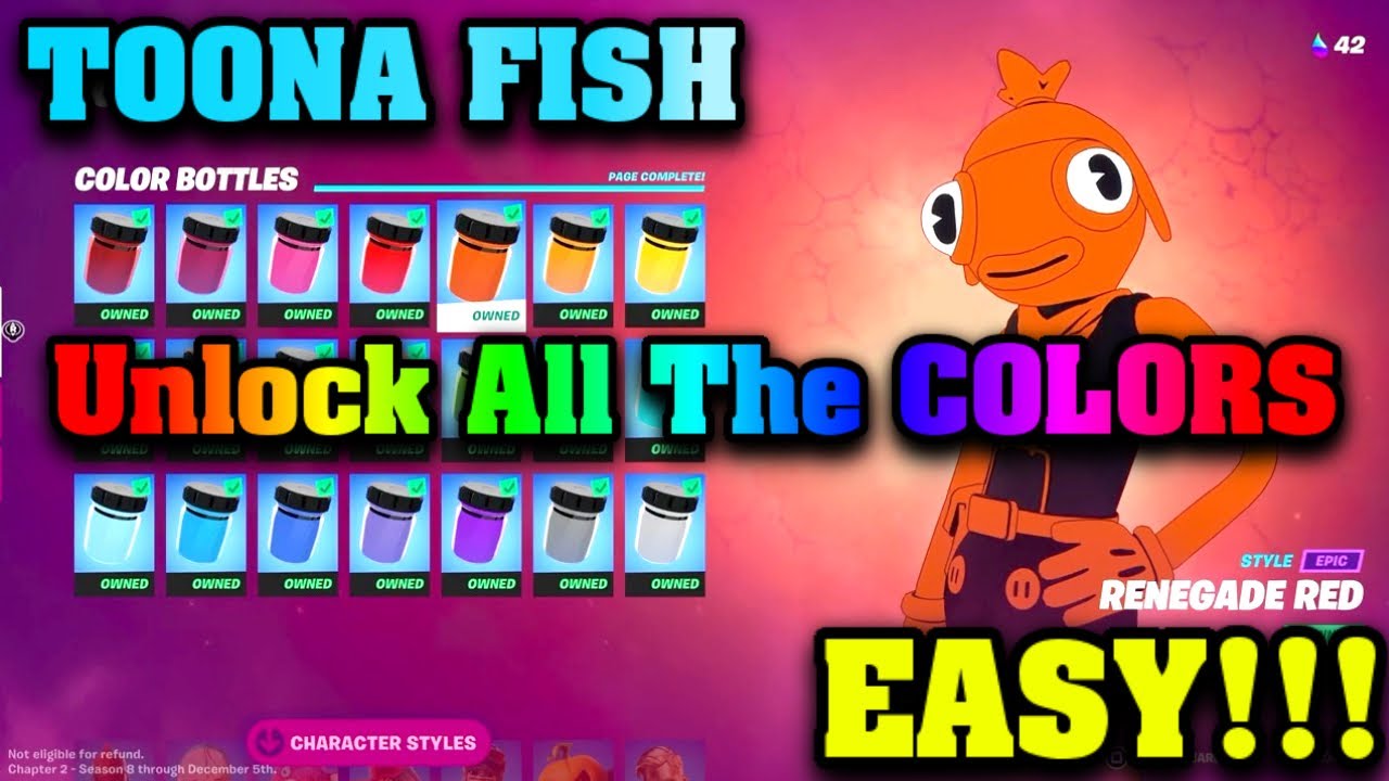 😲Fortnite: Unlock ALL The 🎨COLORS 🐠Toona Fish Skin! (ALL COLOR BOTTLE ...