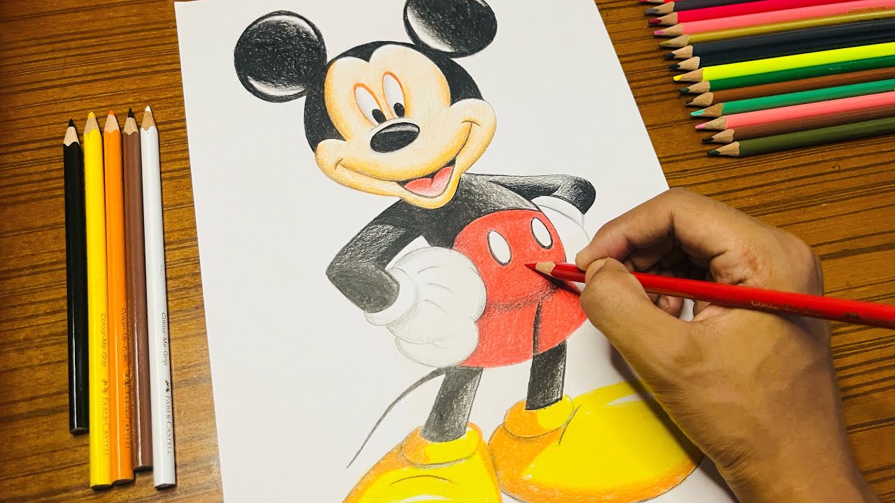 Drawing Mickey Mouse with colour pencils | Mukesh art - YouTube