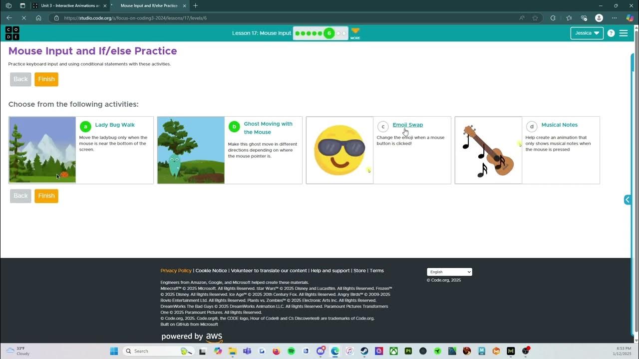 Code.org - CS Discoveries - Unit 3: Interactive Animations & Games: Lesson 17: Mouse input ...