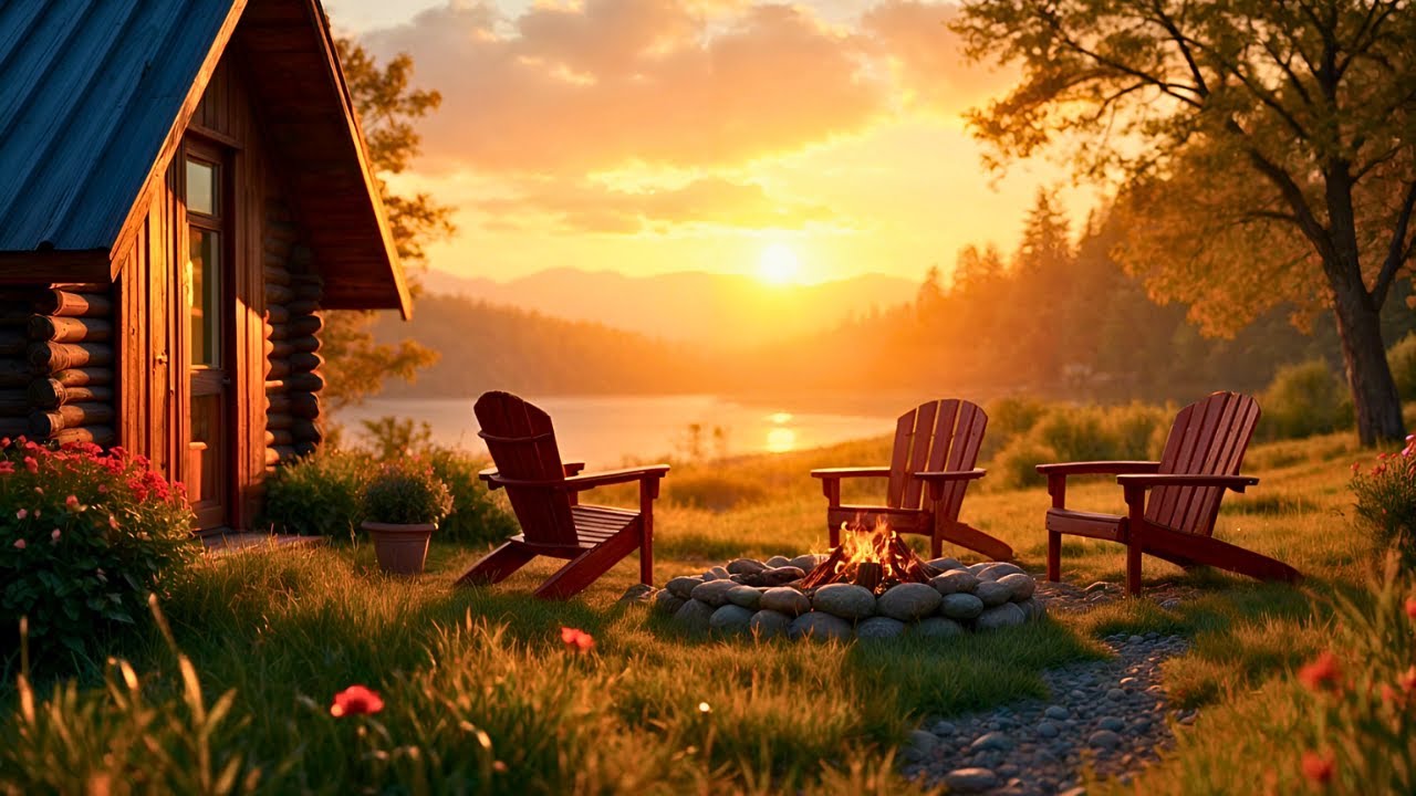 Peaceful Sunset at a Lakeside Cabin: Cozy Campfire, Birds Singing And ...