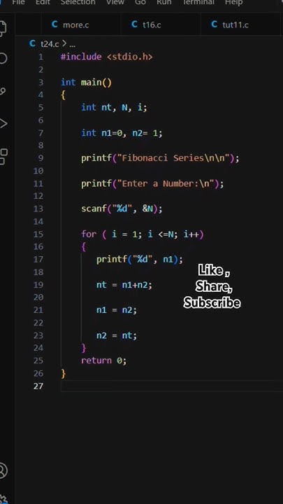 Fabonacci Series Code in C Language In VS Code. #codequest.#coding #clanguage #ytshorts - YouTube