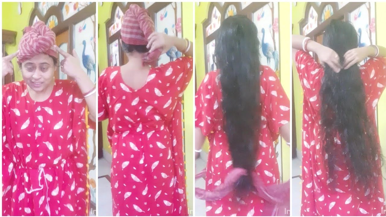 Wet hair gamchha bun open & wet hair drying with gamchha/wet hair ...