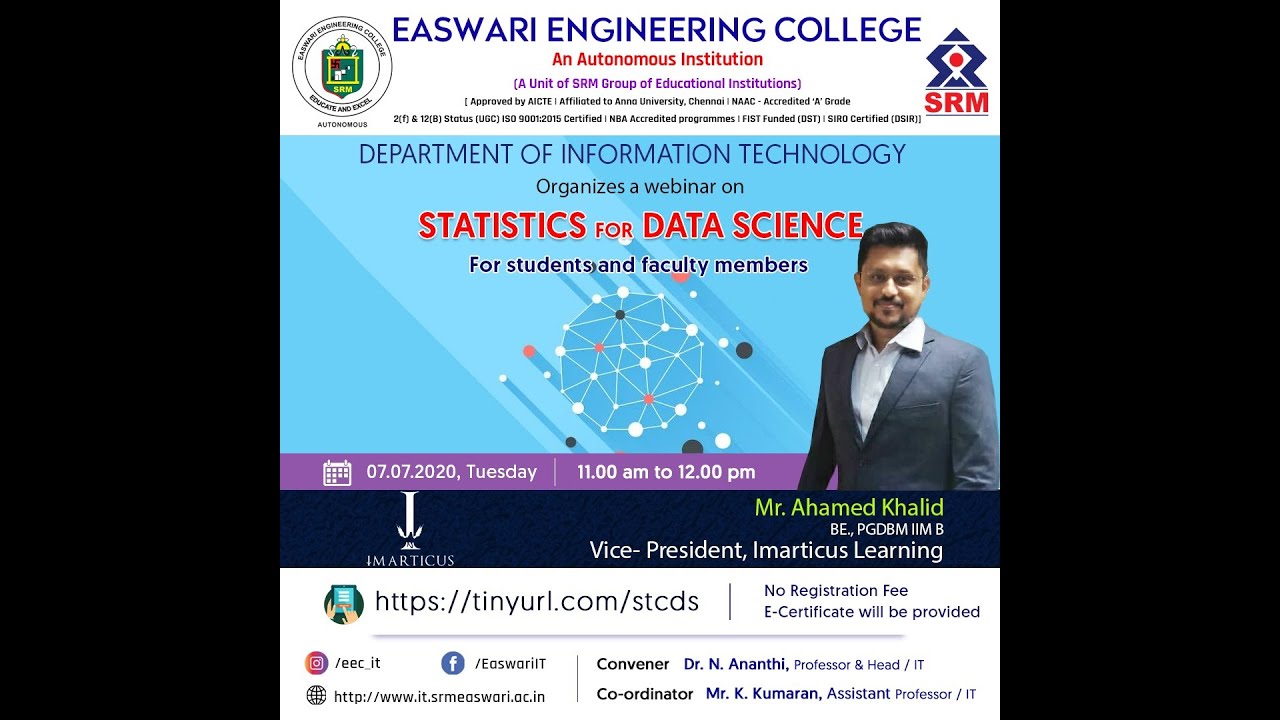 SRM Easwari Engineering college,Webinar on Statistics for Data Science by Department of IT - YouTube